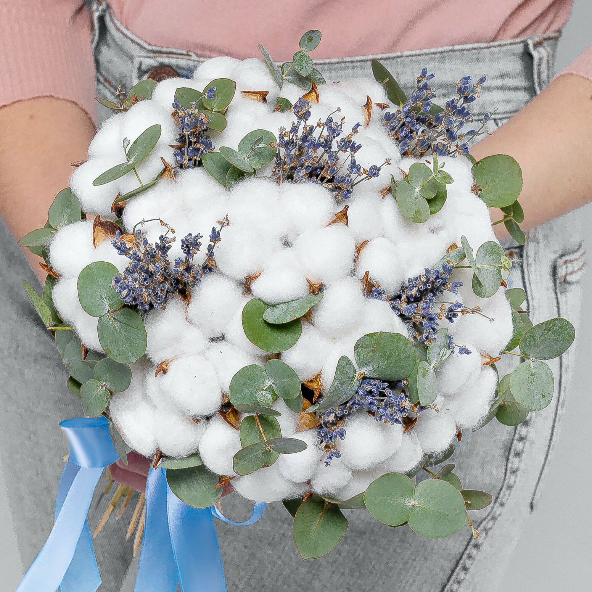 Дуо-букет Мегацвет24, "Объёмный", хлопок и лаванда, сборка под ленту