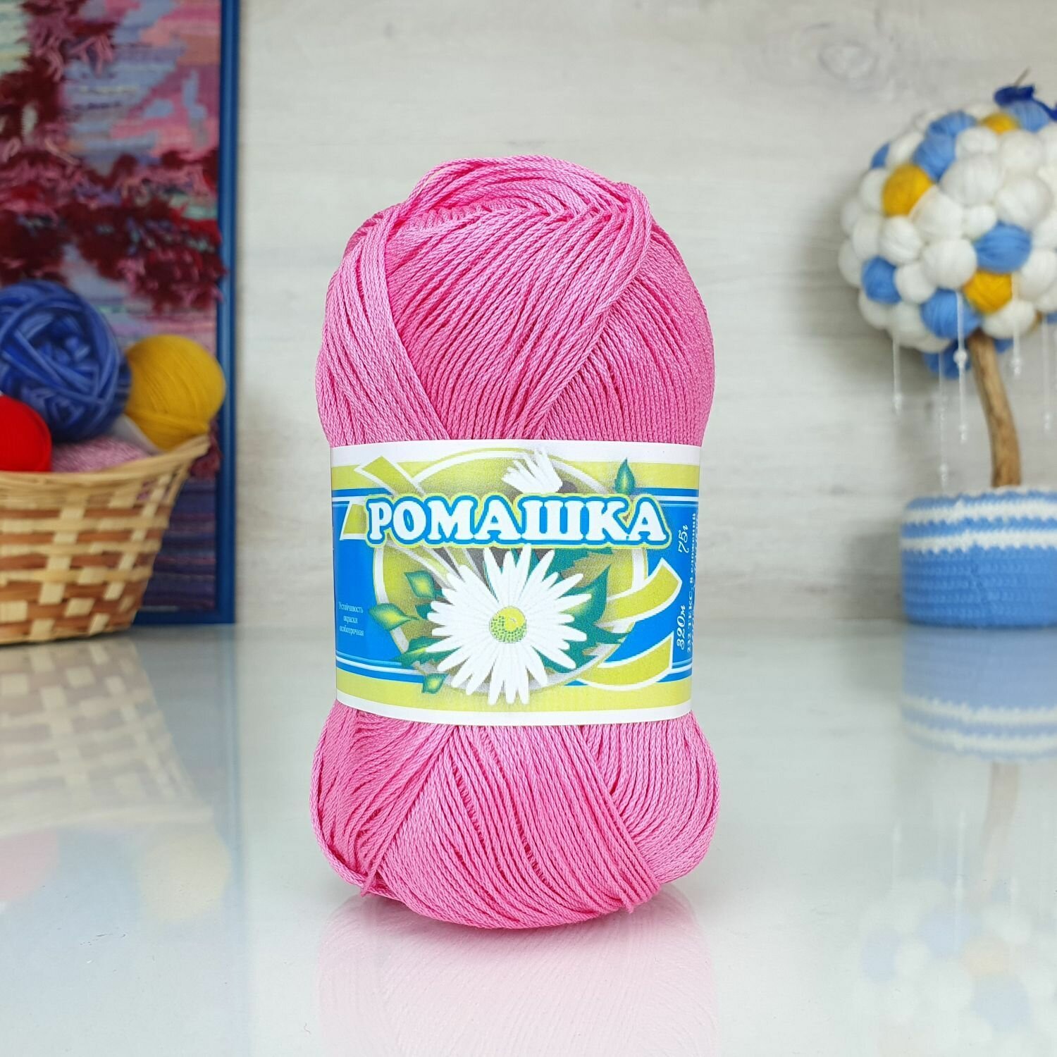 Пряжа Ромашка (ПНК), гр. розовый - 1502, 100% мерсеризованный хлопок, 4 мотка, 75 г, 320 м.