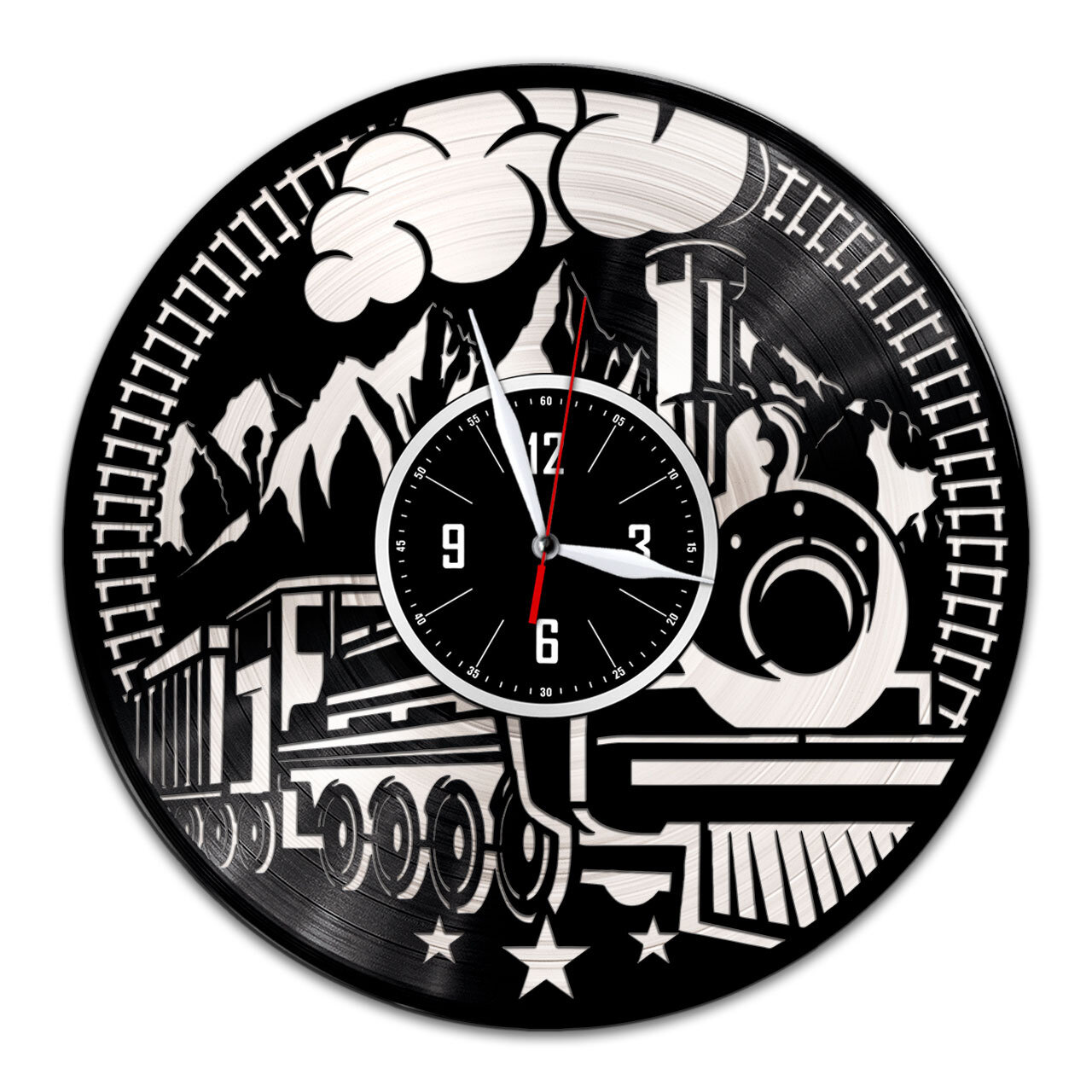 Паровоз - настенные часы из виниловой пластинки (с серебряной подложкой)