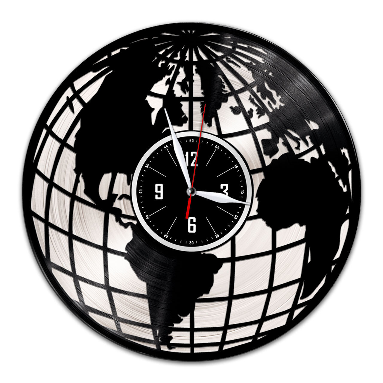 Земной шар - настенные часы из виниловой пластинки (с серебряной подложкой)