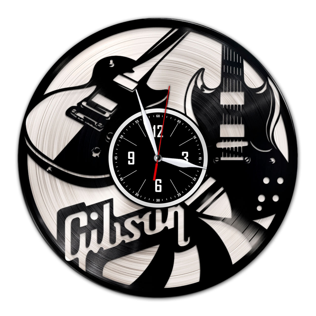 Gibson - производитель гитар - настенные часы из виниловой пластинки (с серебряной подложкой)