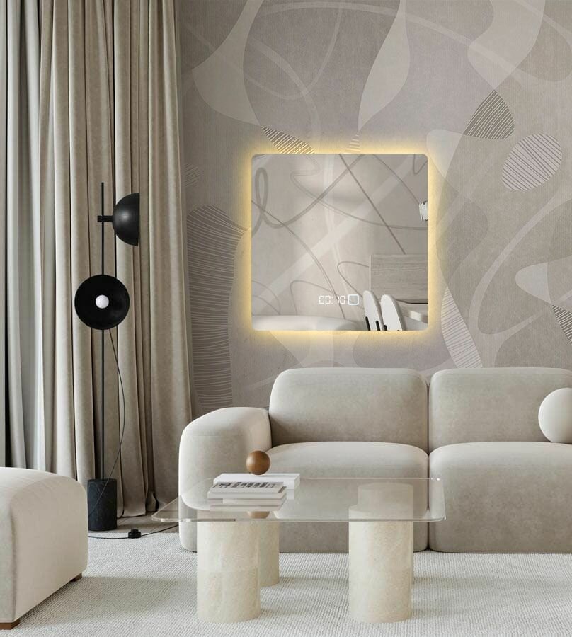 Зеркало для ванной с часами Prisma 70*70 квадратное с тёплой LED-подсветкой