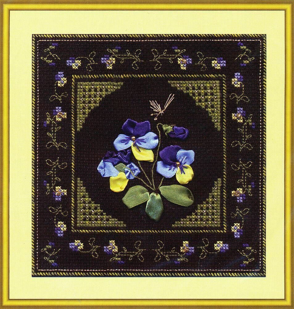 Набор для вышивания крестом, бисером и лентами "Трехцветная фиалка" 17х17 см, Ц-849, Panna