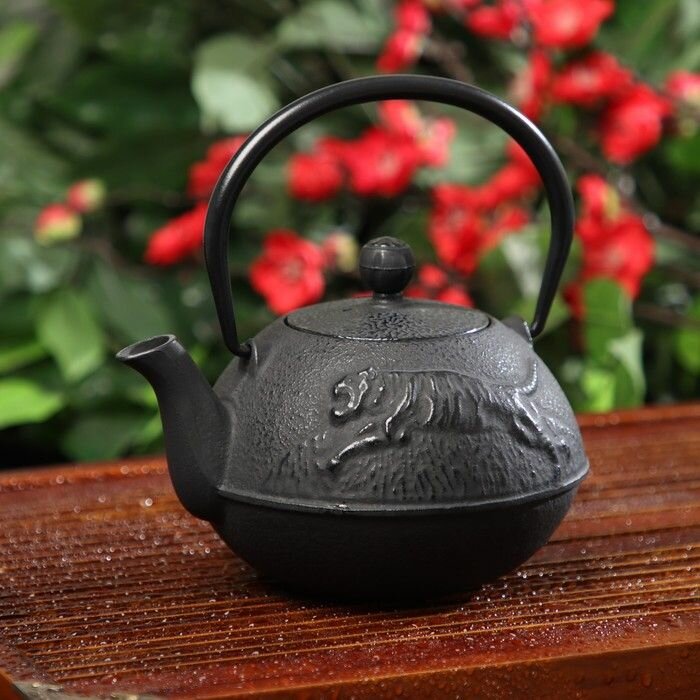 Чайник для плиты Доляна Чёрный тигр , 700 мл, с ситом, чугун, эмалированное покрытие внутри, цвет чёрный