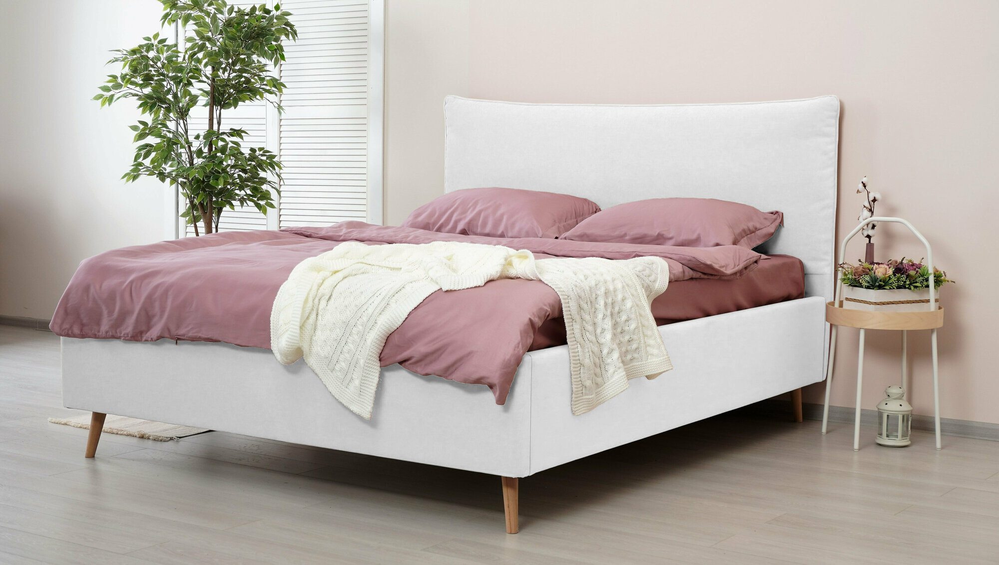 Двуспальная кровать 120х200, "Laima" с мягким изголовьем для дома, для спальни, ортопедическое основание. Велюр Белый (без подъёмного механизма) Teddy 001