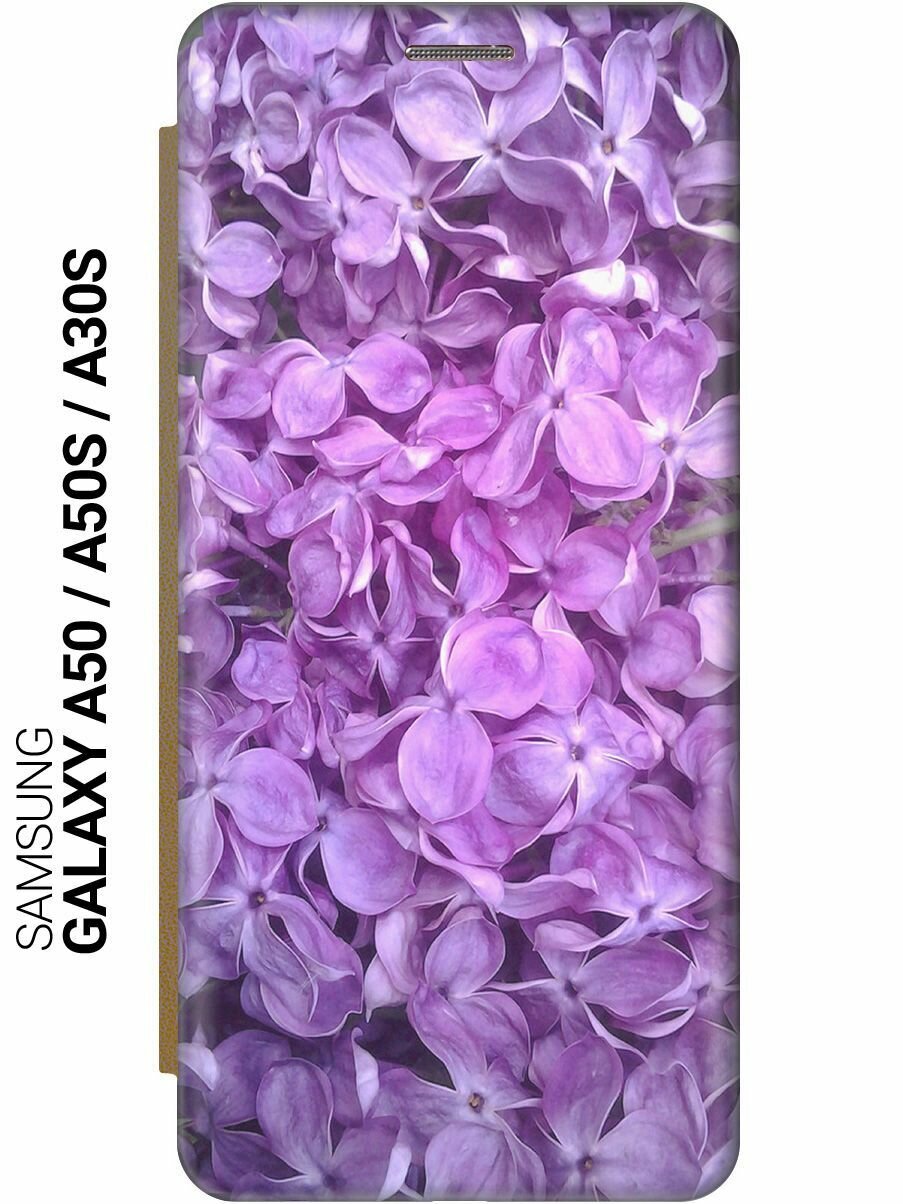 Чехол-книжка на Samsung Galaxy A50, A50s, A30s, Самсунг А50, А30с, А50с c принтом "Цветы сирени" золотистый