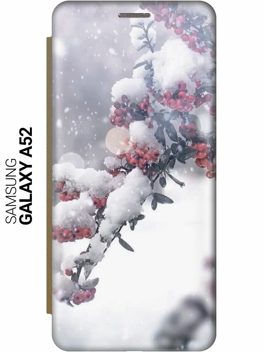 Чехол-книжка на Samsung Galaxy A52, Самсунг А52 c принтом "Заснеженная рябина" золотистый
