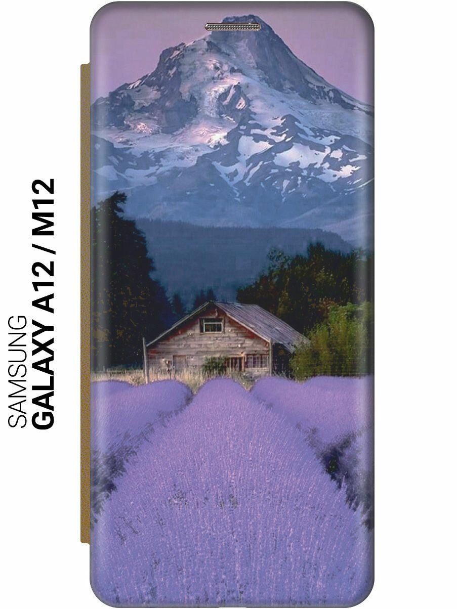 Чехол-книжка на Samsung Galaxy A12, M12, Самсунг А12, М12 c принтом "Лавандовое поле в горах" золотистый