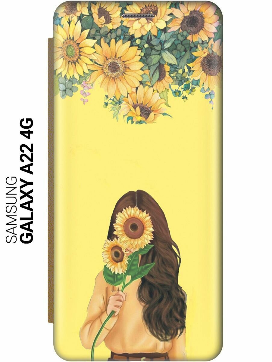 Чехол-книжка на Samsung Galaxy A22, M32, M22, Самсунг А22, М32, М22 c принтом "Девушка и подсолнухи" золотистый