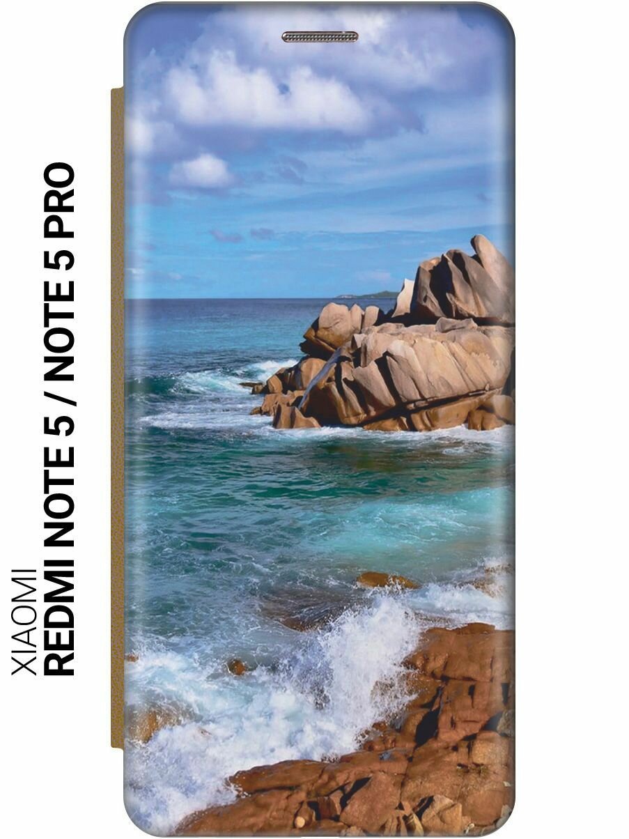 Чехол-книжка на Xiaomi Redmi Note 5, Note 5 Pro, Сяоми Редми Ноут 5, Ноут 5 Про c принтом "Скалистый берег" золотистый