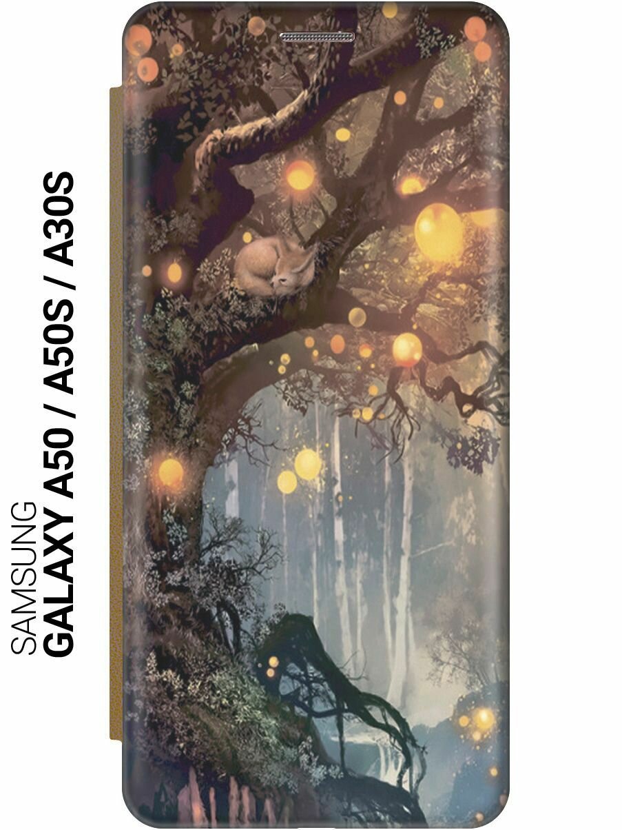 Чехол-книжка на Samsung Galaxy A50, A50s, A30s, Самсунг А50, А30с, А50с c принтом "Лиса на древе" золотистый