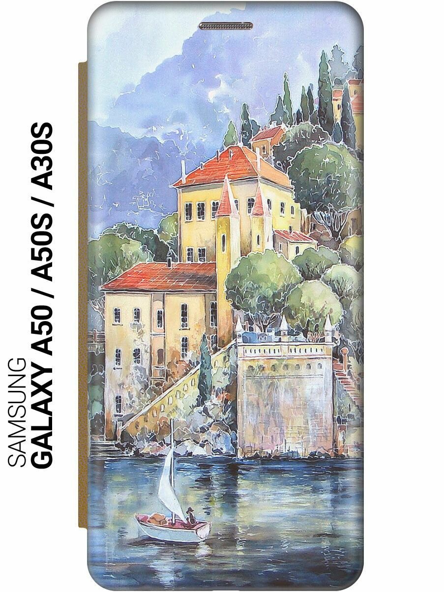 Чехол-книжка на Samsung Galaxy A50, A50s, A30s, Самсунг А50, А30с, А50с c принтом "Город у моря" золотистый