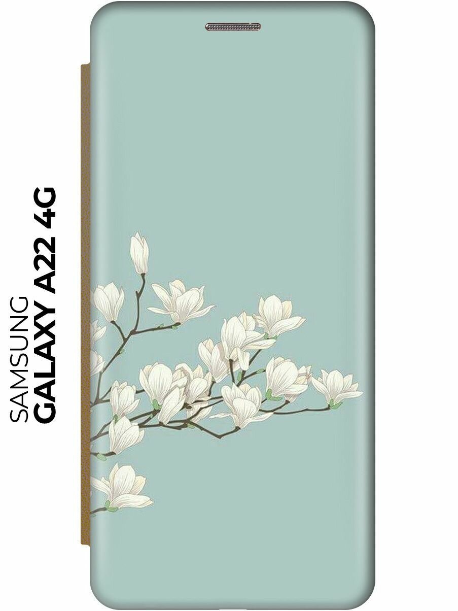 Чехол-книжка Сакура на голубом на Samsung Galaxy A22 / M32 / M22 / Самсунг А22 / М32 / М22 золотой