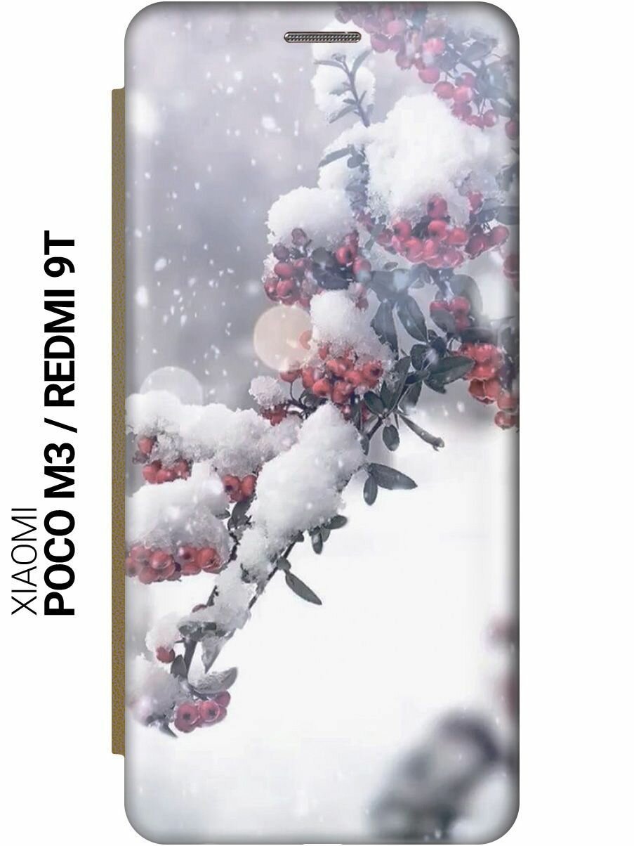 Чехол-книжка на Xiaomi Redmi 9T, Poco M3, Сяоми Поко М3, Сяоми Редми 9Т c принтом "Заснеженная рябина" золотистый