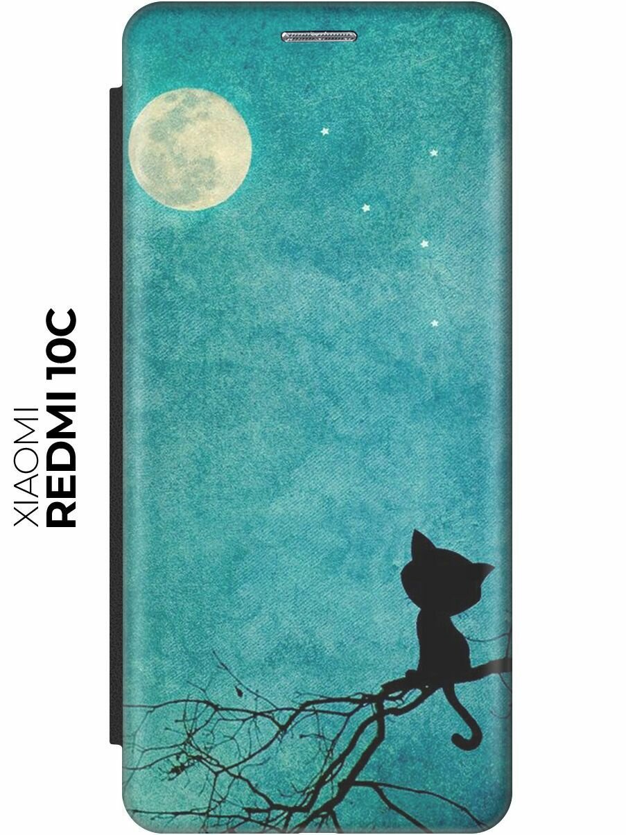 Чехол-книжка Котенок и луна на Xiaomi Redmi 10C / Сяоми Редми 10С черный