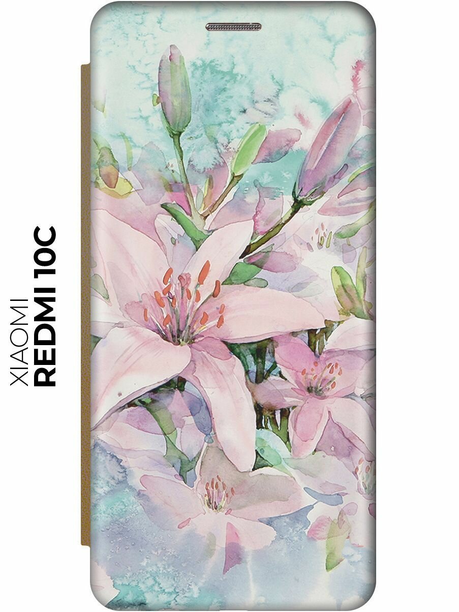 Чехол-книжка Нежные розовые цветы на Xiaomi Redmi 10C / Сяоми Редми 10С золотой