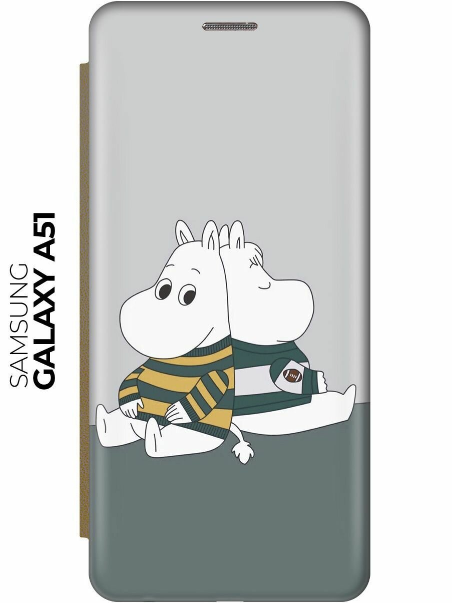 Чехол-книжка Муми-тролли на Samsung Galaxy A51 / Самсунг А51 золотой