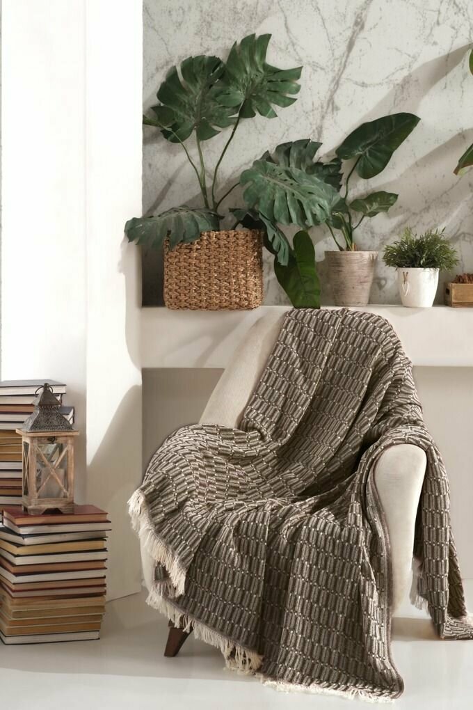 Плед на диван, кровать, двуспальный, 170x200 Турция Marin хлопок коричневЫЙ