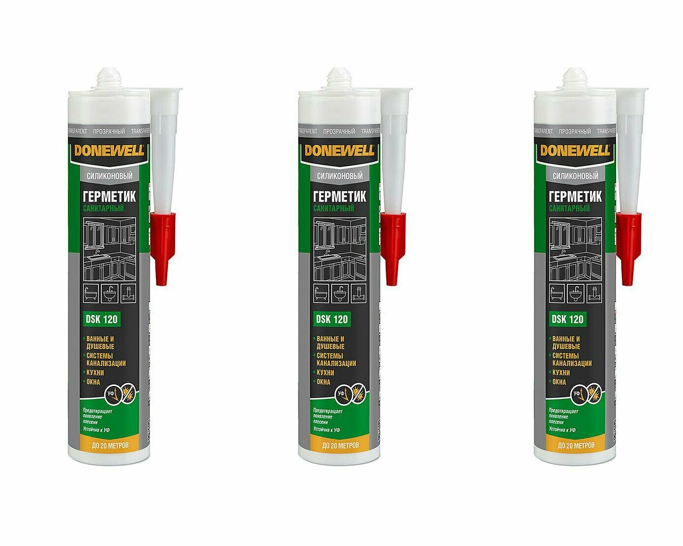 Герметик силиконовый санитарный DoneWell DSK-120 прозрачный 260 мл (3 шт.)