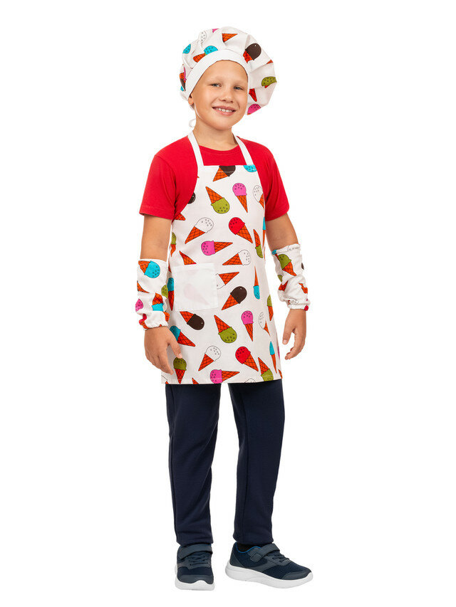 Комплект детской одежды из хлопкового поплина "поваренок" Фартук с грудкой Н55ХL55, колпак, нарукавники 2 шт. (цвет: мороженое на белом)
