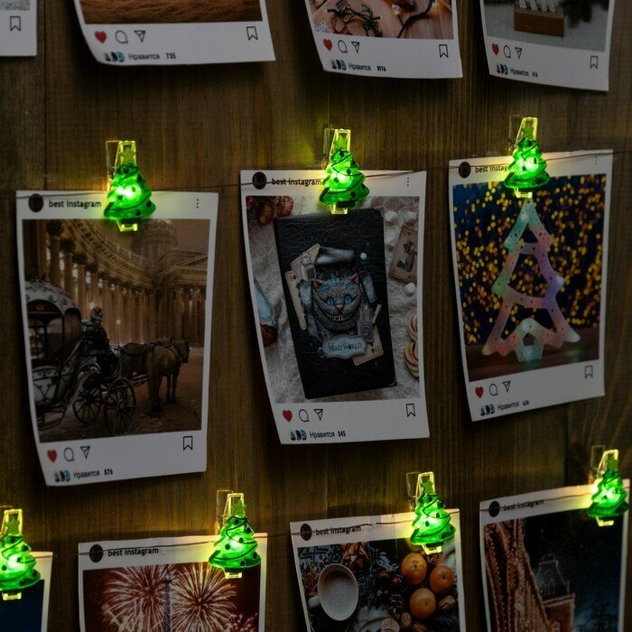 Luazon Lighting Гирлянда «Нить» 2 м роса с насадками «Прищепки-ёлки», IP20, серебристая нить, 20 LED, батарейки ААх2 (нет в комплекте), свечение тёплое белое