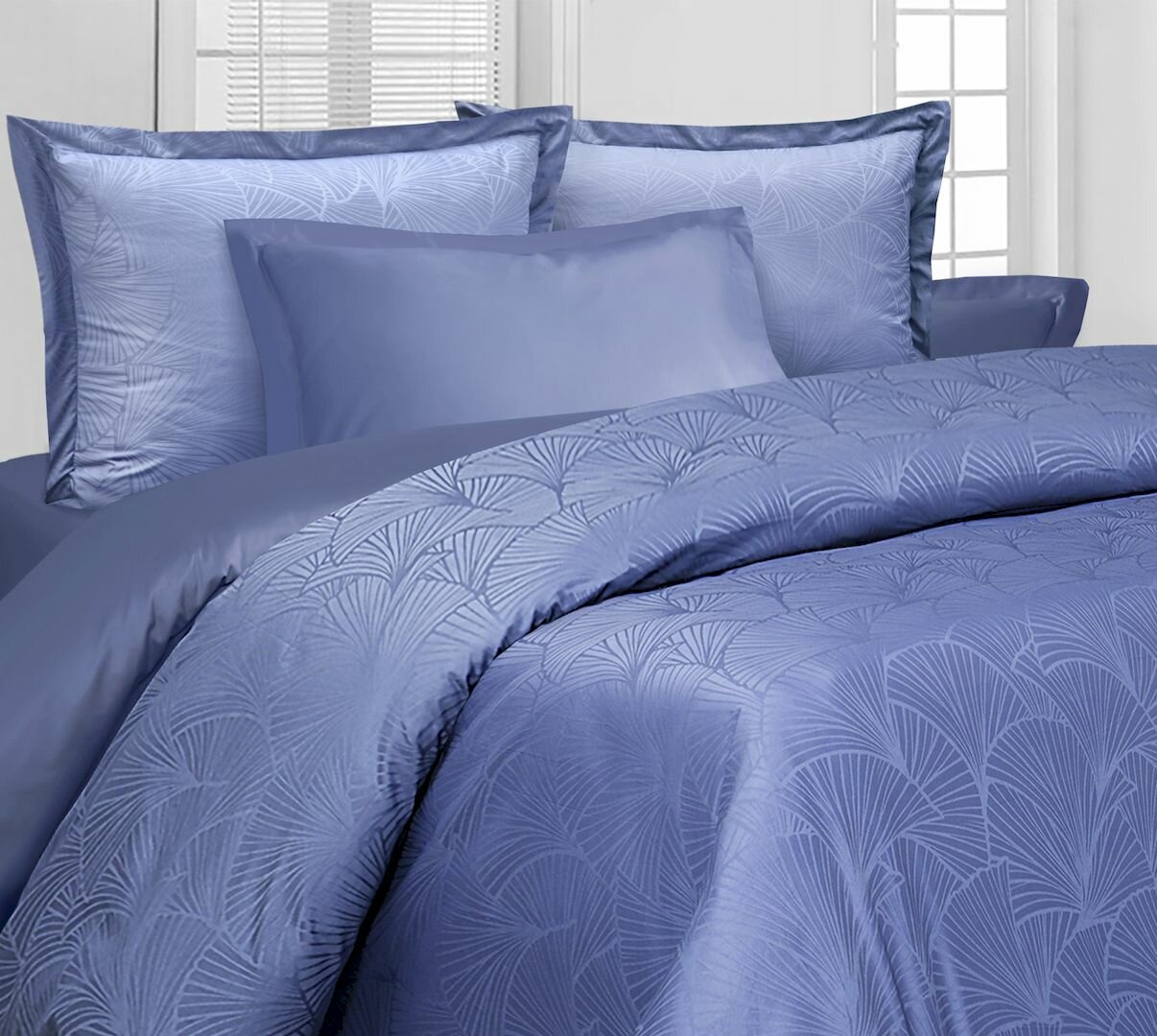Постельное белье евро спальное коллекции Royal от бренда Mona Liza, 2 наволочки 70х70 и 2 наволочки 50х70 Веер голубой