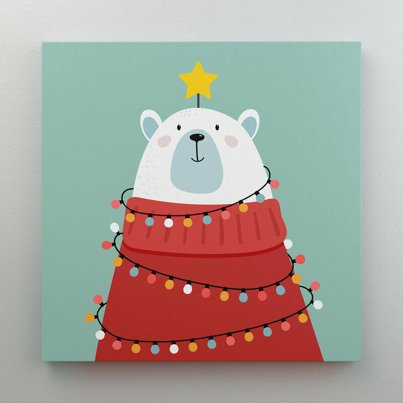 Интерьерная картина на холсте "Детский постер - мишка в гирлянде" размер 25x25 см