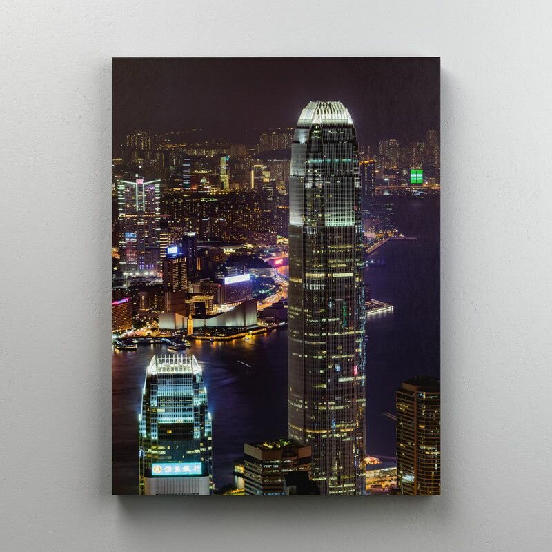 Интерьерная картина на холсте "Небоскрёб в Гонконге - Ночной город" размер 22x30 см