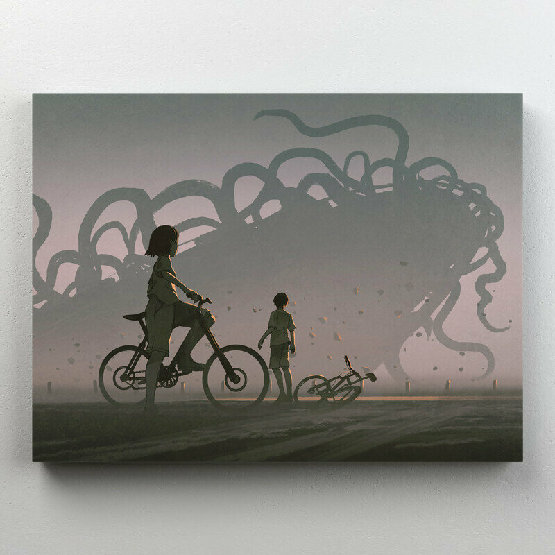 Интерьерная картина на холсте "Дети и гигантский космический монстр" размер 30x22 см