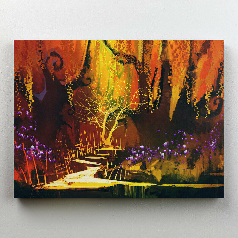 Интерьерная картина на холсте "Абстракция - чудесный лес с фиолетовыми цветами" размер 30x22 см