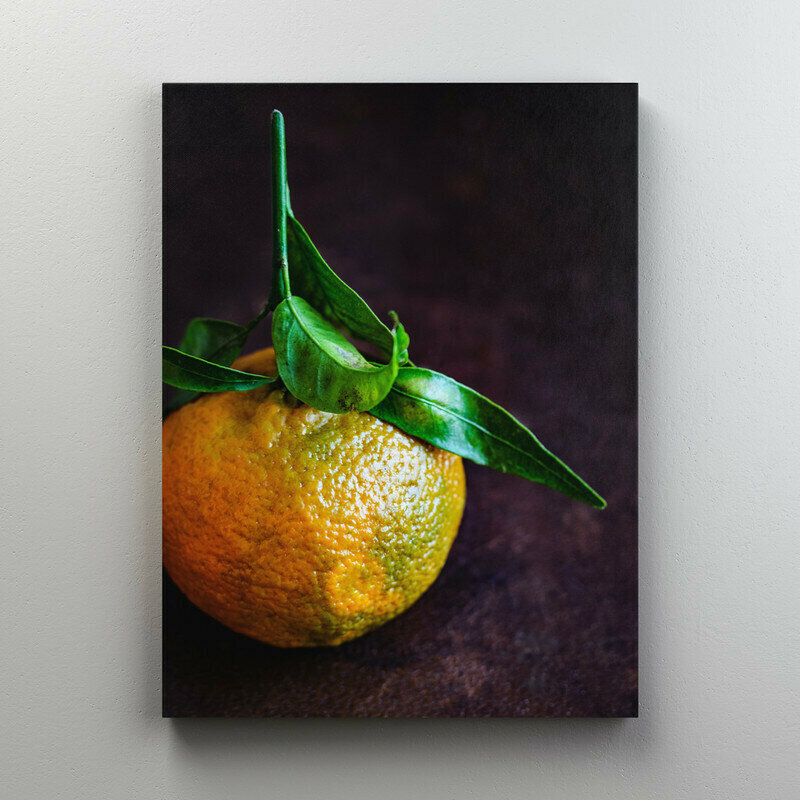 Интерьерная картина на холсте "Мандарин с веточкой" для кухни, кафе и ресторанов, размер 22x30 см