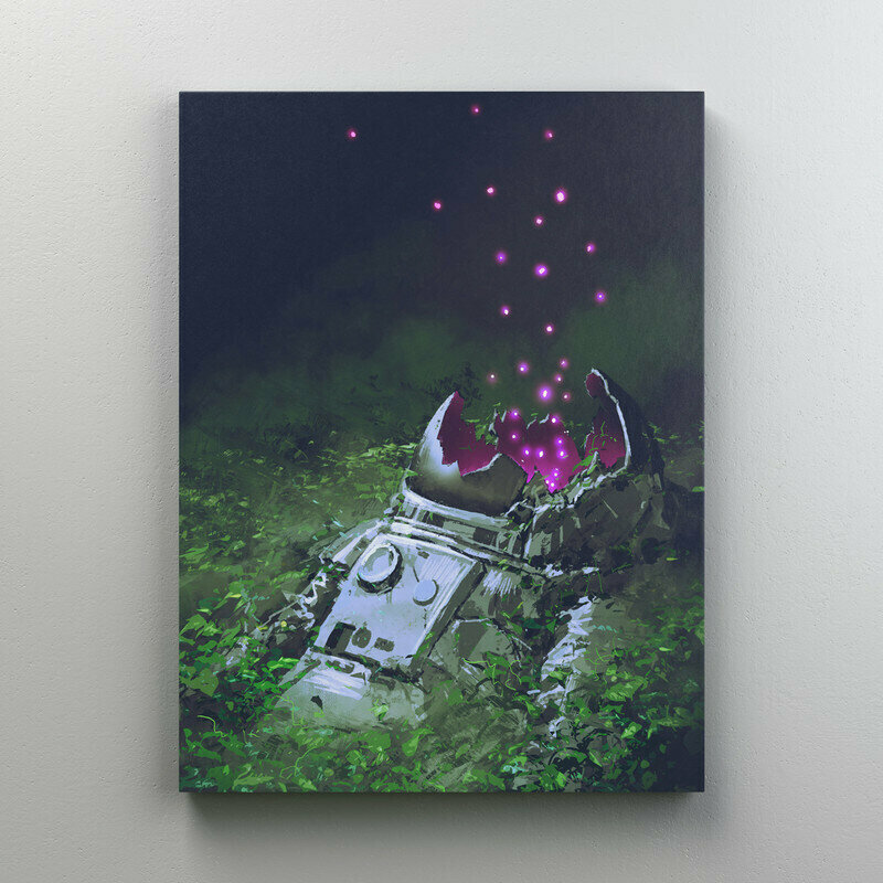 Интерьерная картина на холсте "Останки космонавта со светящимися насекомыми, покрытыми растениями" размер 22x30 см