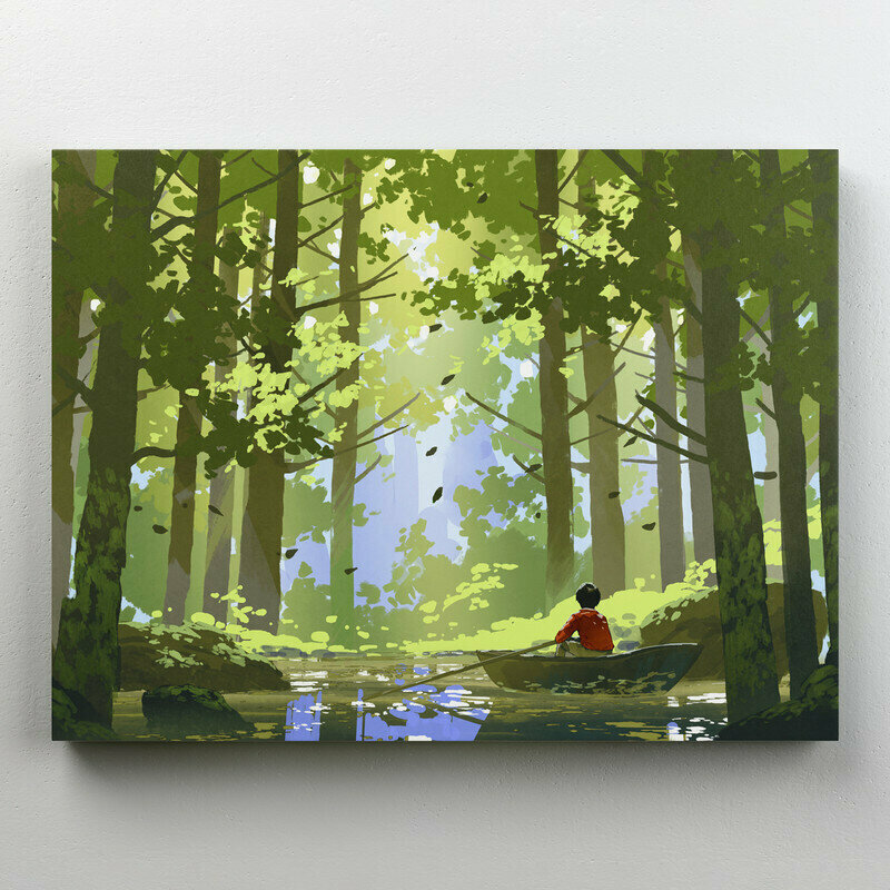 Интерьерная картина на холсте "Человек плывет на лодке среди деревьев" размер 30x22 см