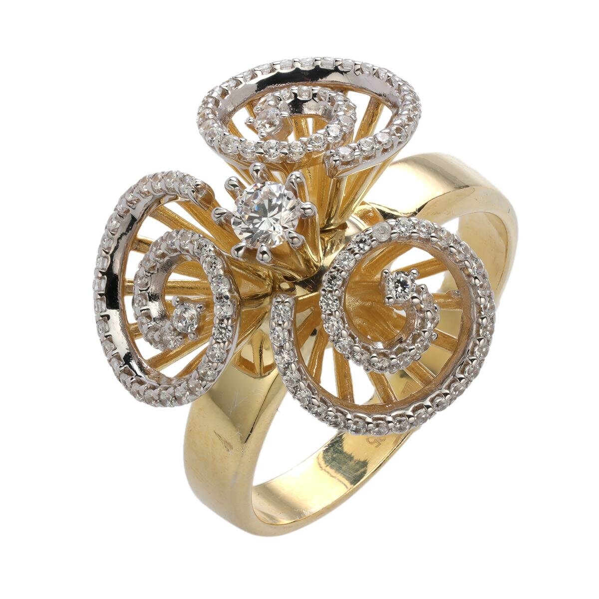 Кольцо, серебро, 925 проба, золочение, фианит