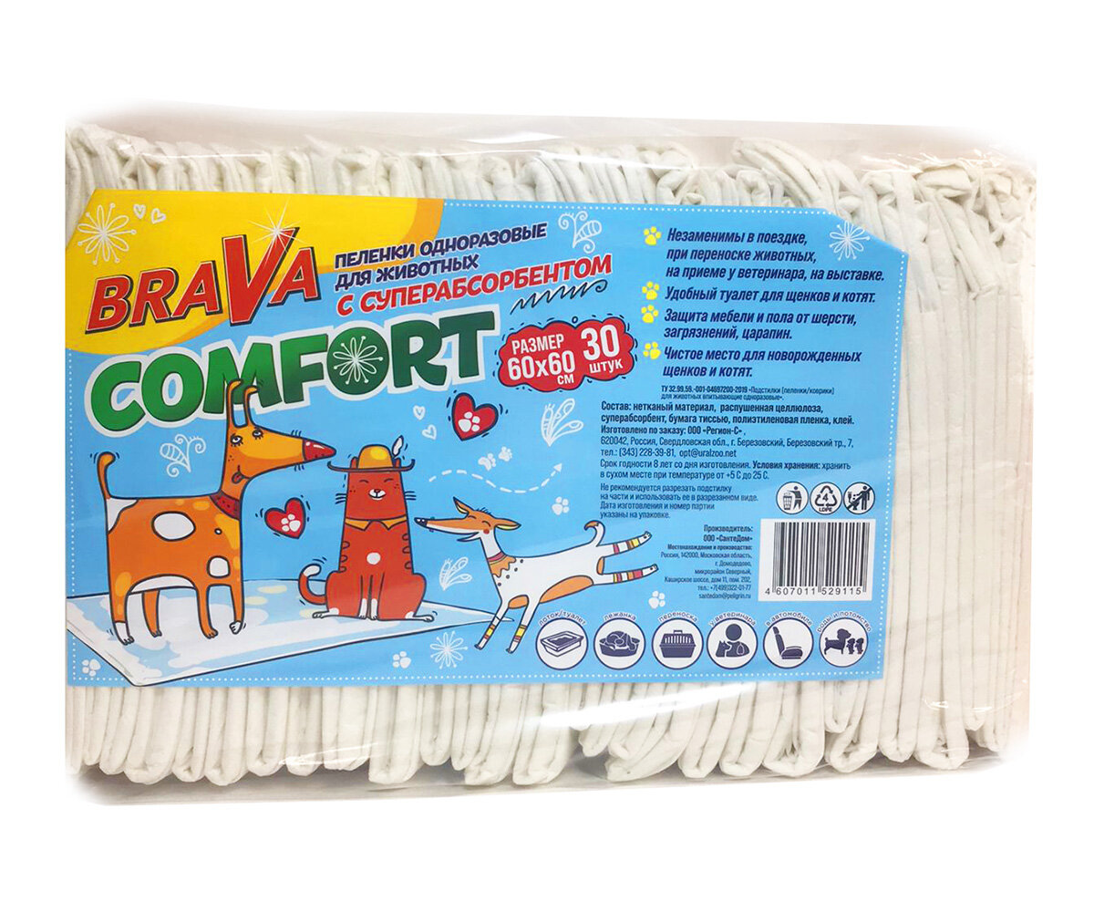 Пеленки для кошек и собак brava comfort с суперабсорбентом 60*60см 30шт
