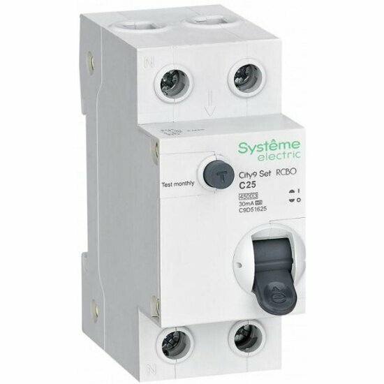 Дифференциальный автомат Systeme Electric (schneider Electric) 2п (1P+N) C 25А 30мА тип A 4.5кА City9 Set, 230В, C9D55625