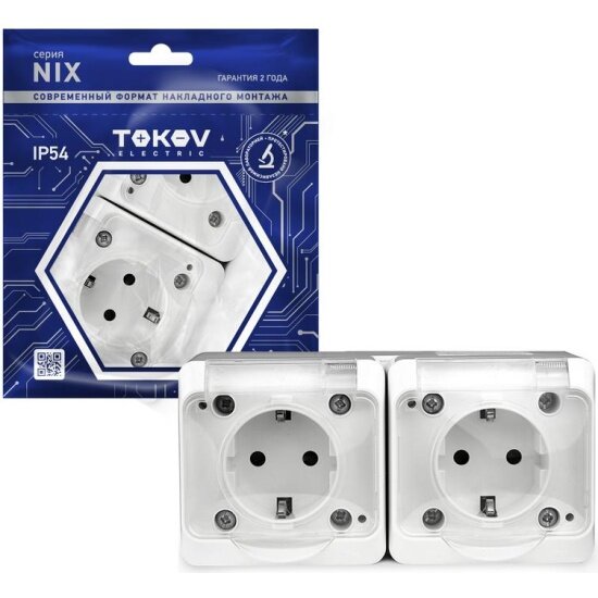 Розетка Tokov Electric 2-м ОП Nix 16А IP54 250В с заземл. с прозр. крышкой бел, TKE-NX-R2Z-C01T-IP54