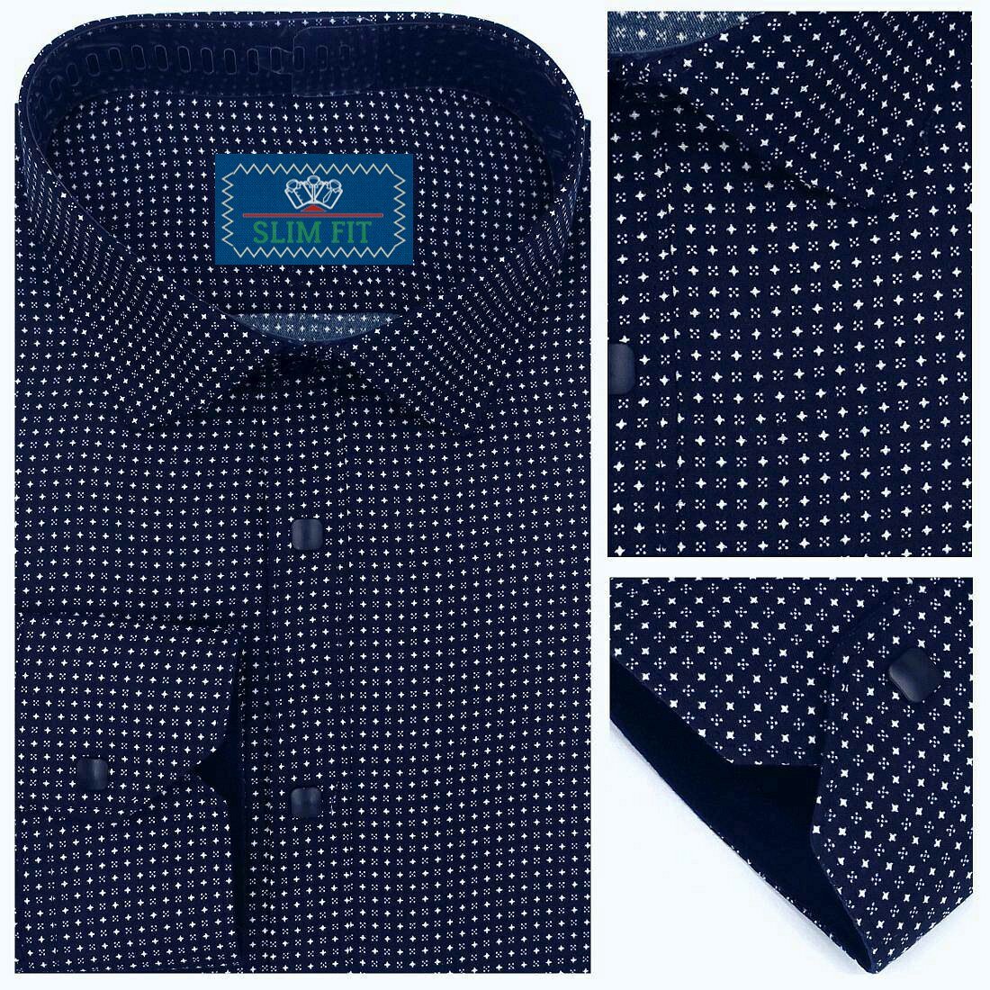 Рубашка Мужская рубашка с длинным рукавом приталенная, темная сорочка на кнопках, рубаха на любой сезон, синяя в мелкий рисунок, без карманов, на любой сезон и на лето рубашка Slim fit с приталенным кроем зау