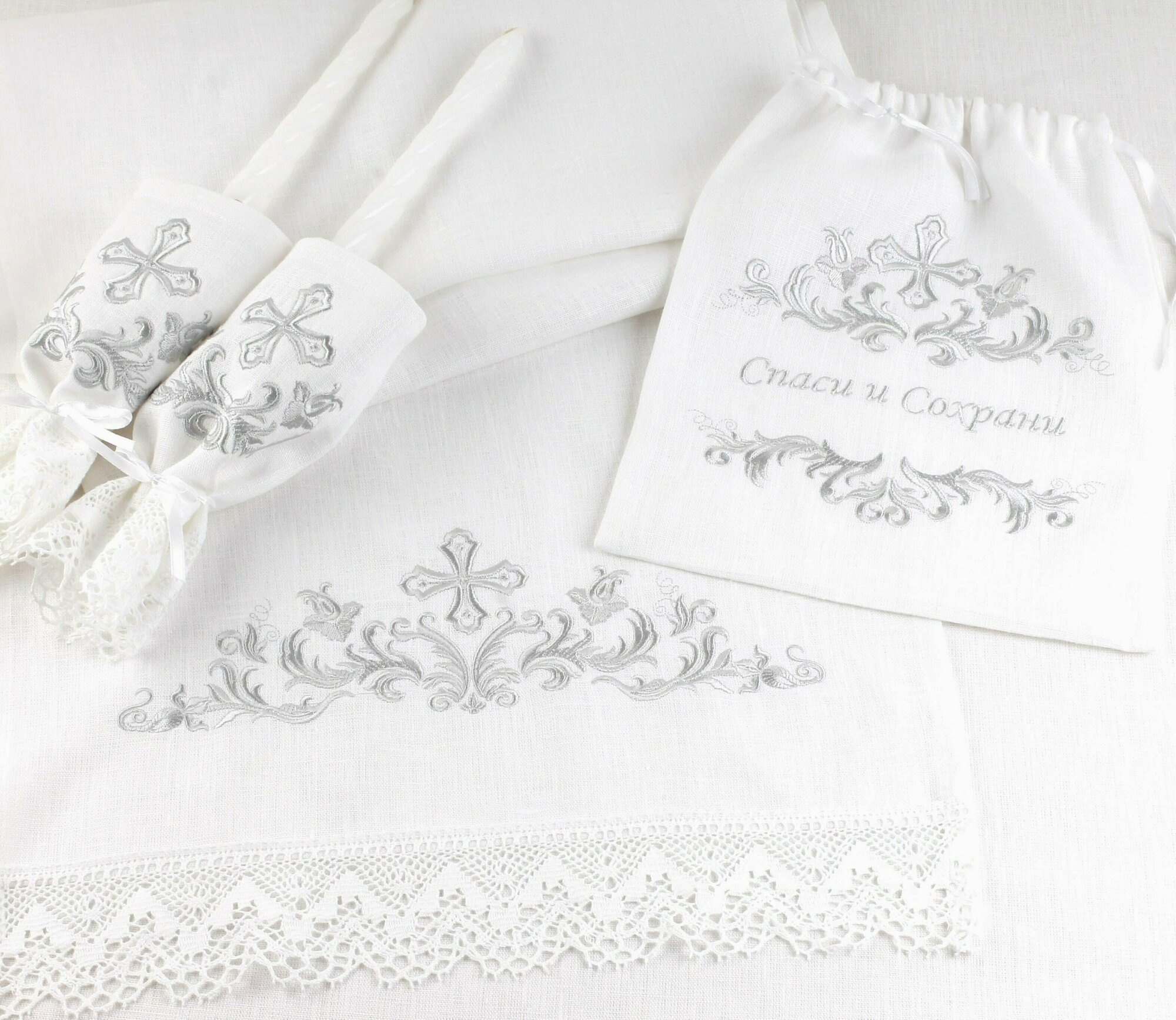 Венчальный набор "Благодарение", 6 предметов, в комплекте с парафиновыми свечами, лён, вышивка