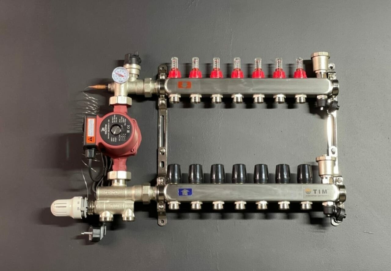 Комплект для водяного теплого пола с насосом: Коллектор 7 выходов с расходомерами + смесительный узел JH-1036 + циркуляционный насос 25-60 180