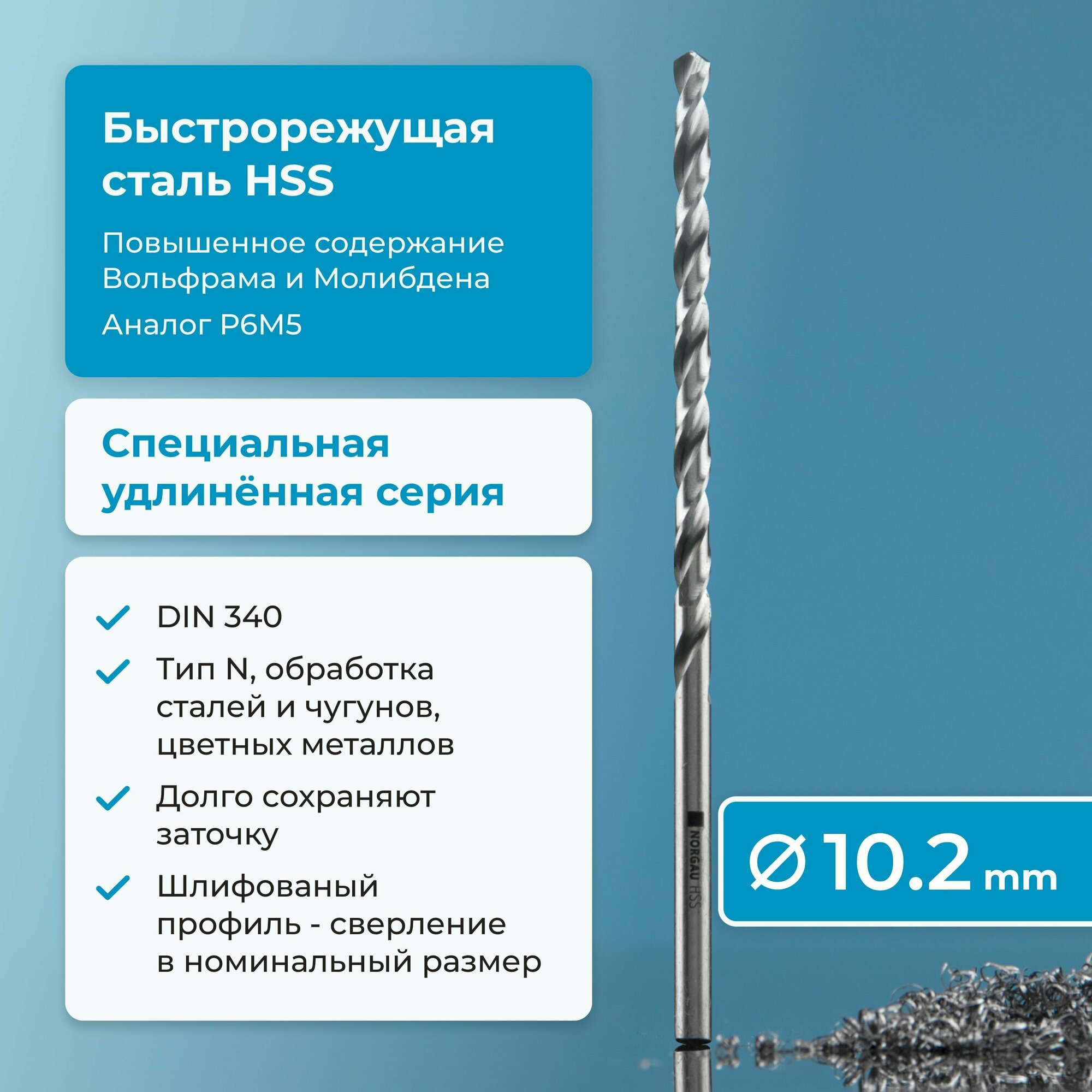 Сверло по металлу 10.2 мм NORGAU Industrial HSS удлинённое, шлифованное, с центрирующей подточкой перемычки, правое, DIN 340