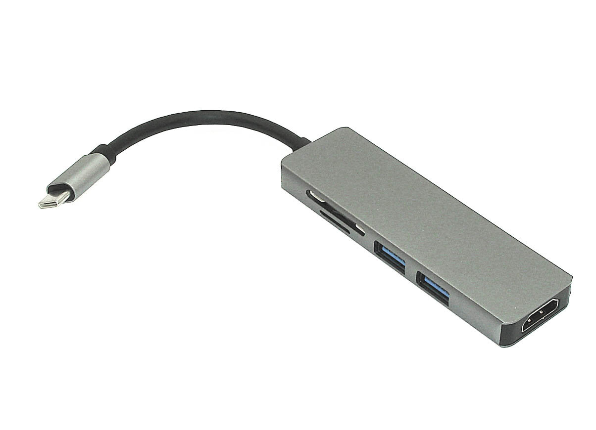 Адаптер Type C на HDMI, USB 3.0*2 + SD/TF для MacBook серебро