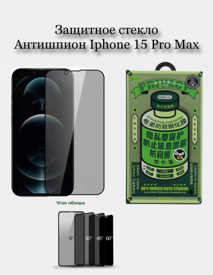 Защитное стекло 3D антишпион для iPhonе 15pro Маx
