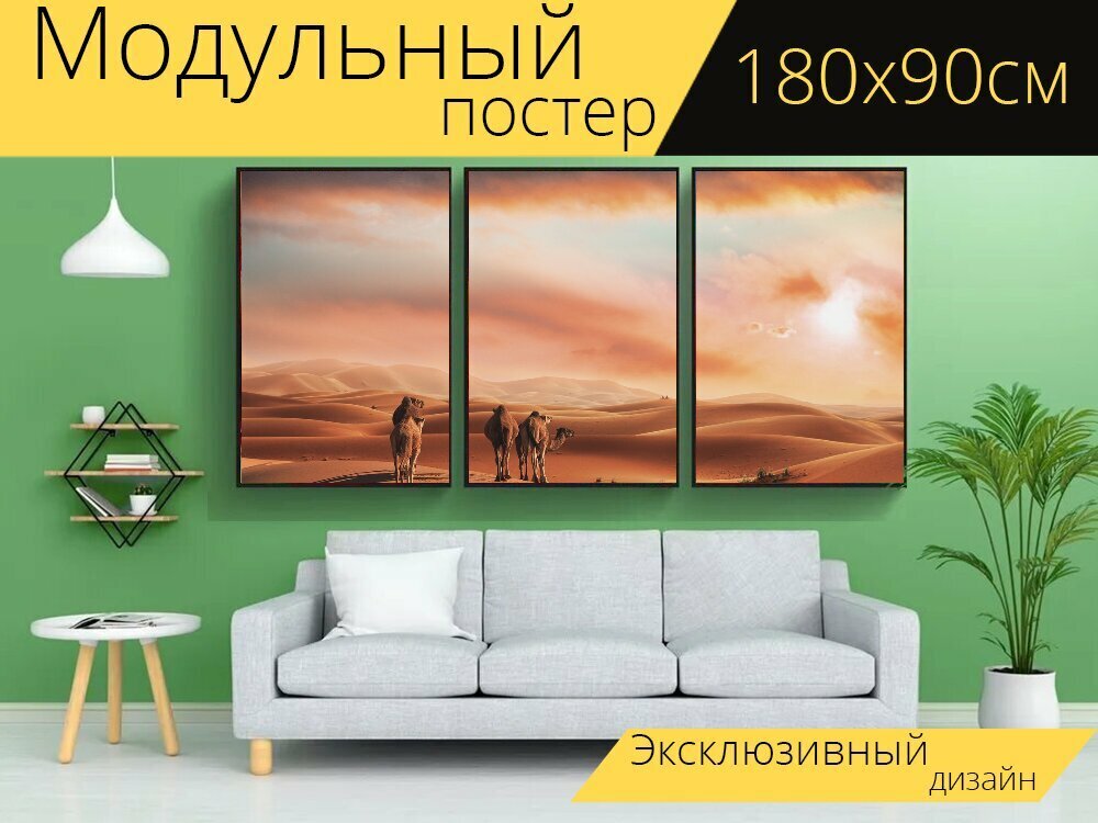 Модульный постер "Пейзаж, пустыня, верблюды" 180 x 90 см. для интерьера