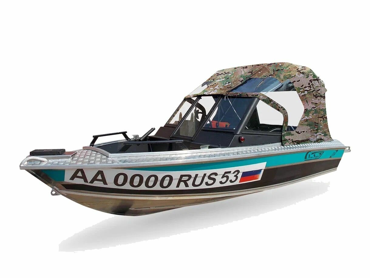 Вельбот 434НС / Wellboat 434NS. Тент с дугами с креплениями для стекла с калиткой