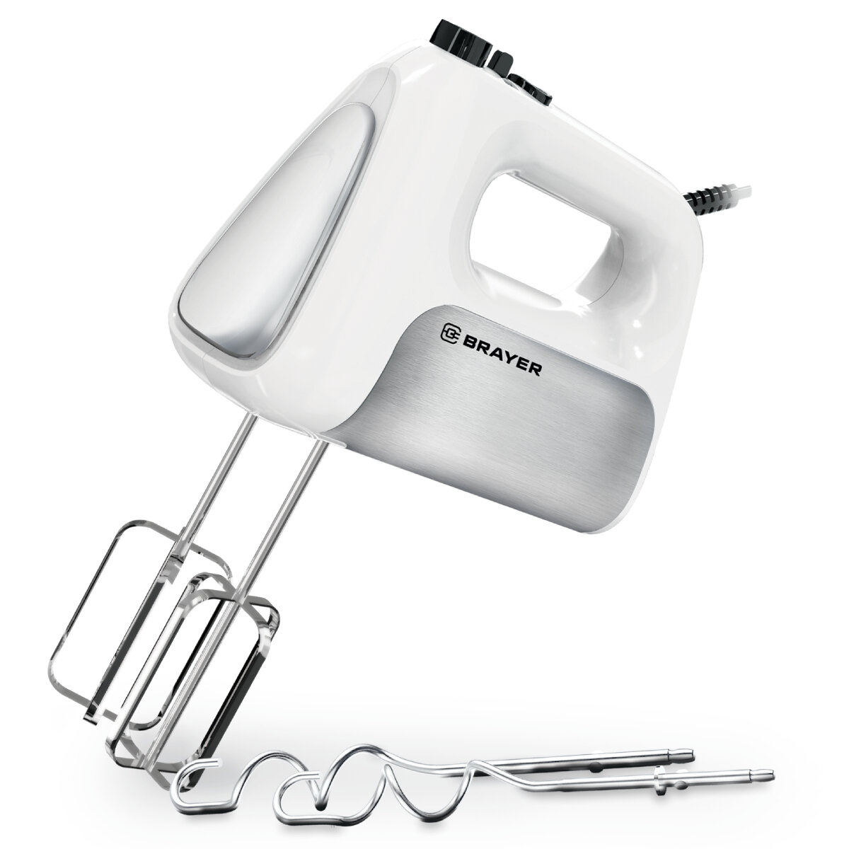 Миксер BRAYER 1303BR /500 Вт, корп. из нерж. стали, 5 режимов, 2 крюка, 2 венчика
