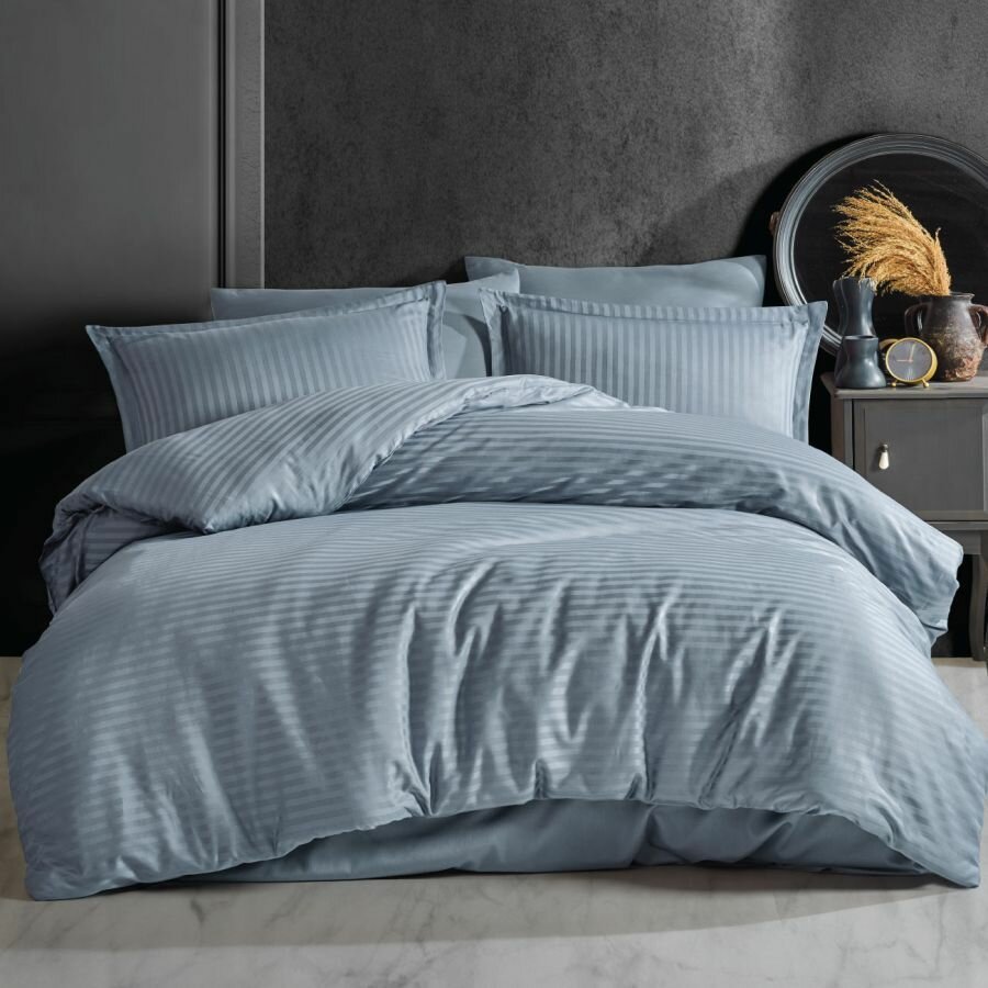 Комплект постельного белья "Lale Home" страйп-сатин, евро, голубой
