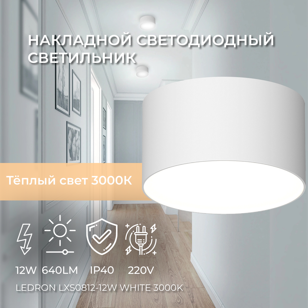 Накладной светодиодный влагостойкий светильник Ledron LXS0812-12W White 3000K
