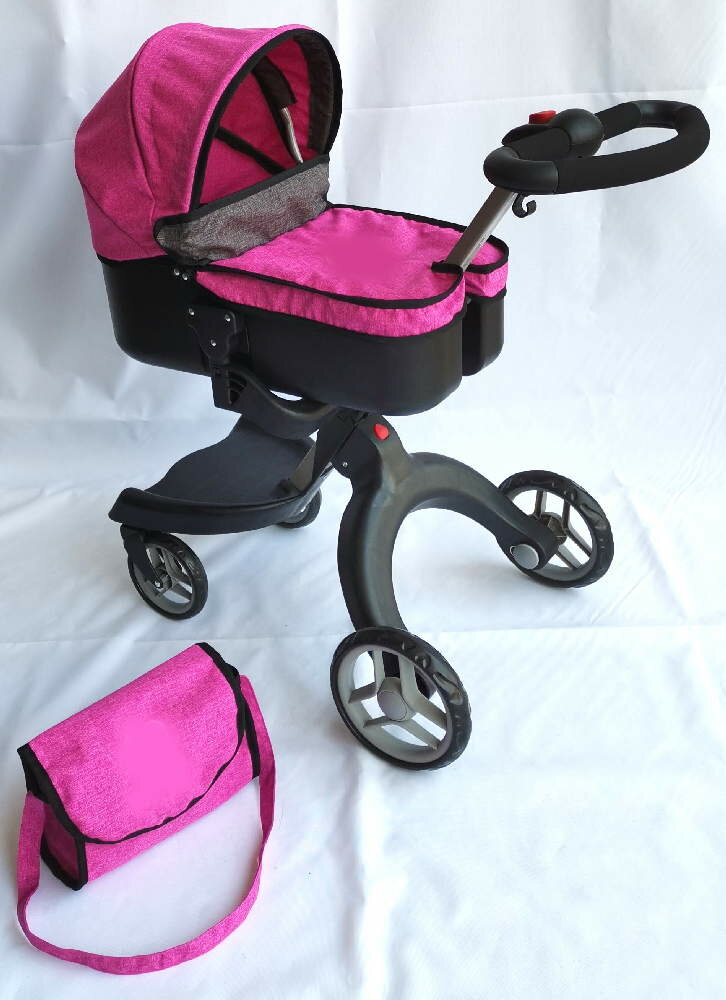 Коляска-люлька для кукол цикламеновый меланж с черным, сумкой