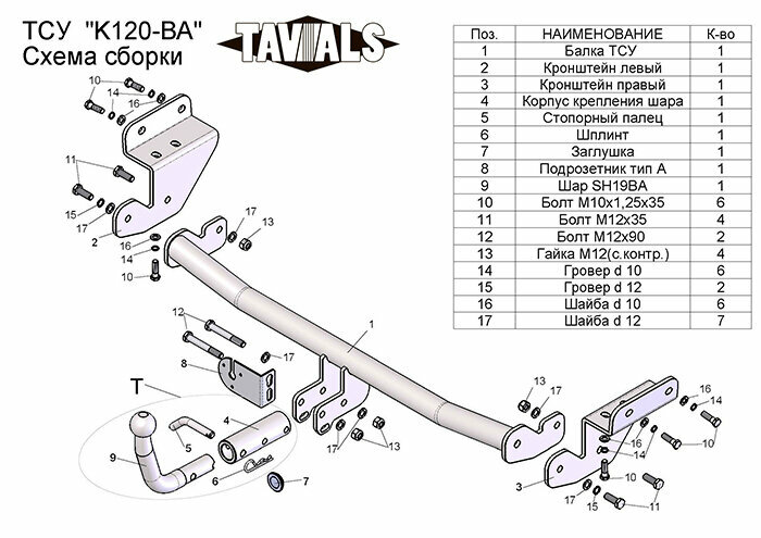 Фаркоп(прицепное) Tavials для KIA CEED хетчбек (JD) 2012-. (С быстросъемным шаром)(паспорт и сертификат в комплекте)(без электрики)T-K120-BA